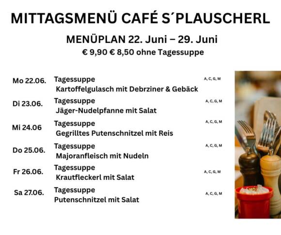 Menüplan Café s`Plauscherl – CityCenter Wieselburg